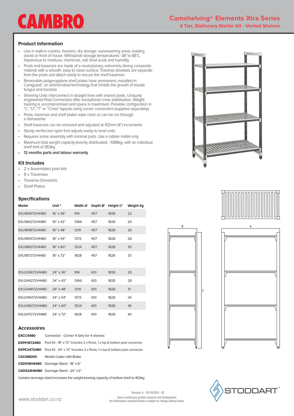 Cambro Camshelving Elements Series EXU246072V4480 - Four Tier Stationa ...