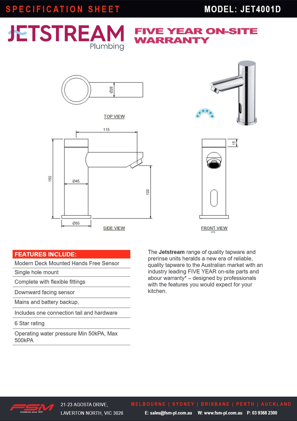 Jetstream JET4001D - Deck Mount Hands-Free Sensor Tap | SilverChef