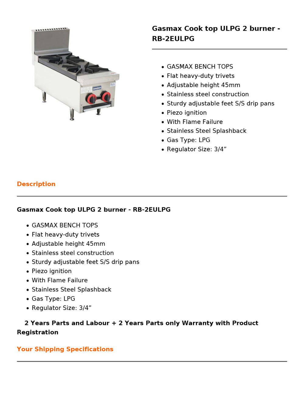 Gasmax RB-2EULPG - 2 Burner Cook Top | SilverChef